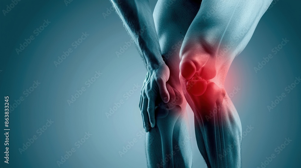 3D illustration showing knee pain with a highlighted joint, depicting ...