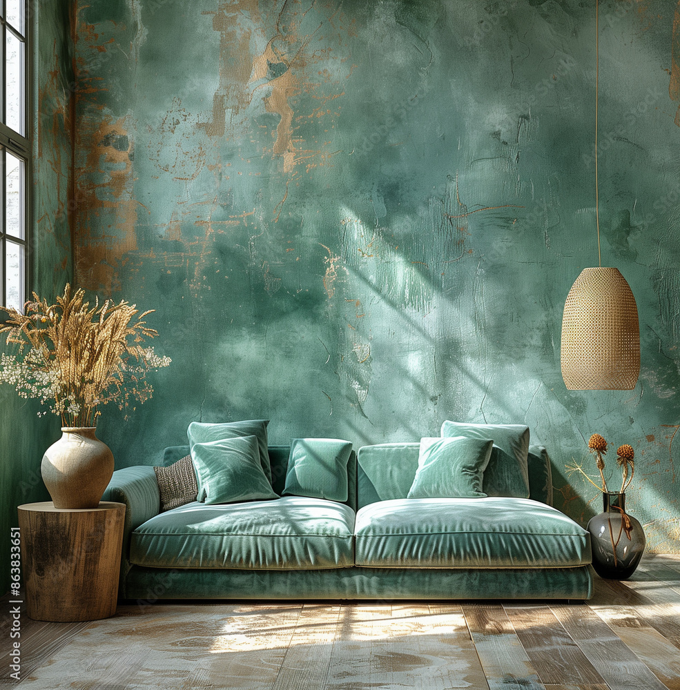 Wallart Mockup Wall Art Sofa with grunge teal stucco wall background ...