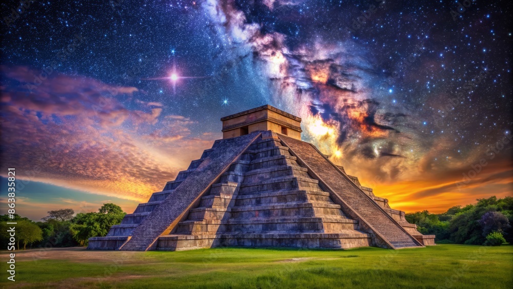 Majestic ancient Mayan ruins of Chichen Itza illuminated under starry ...