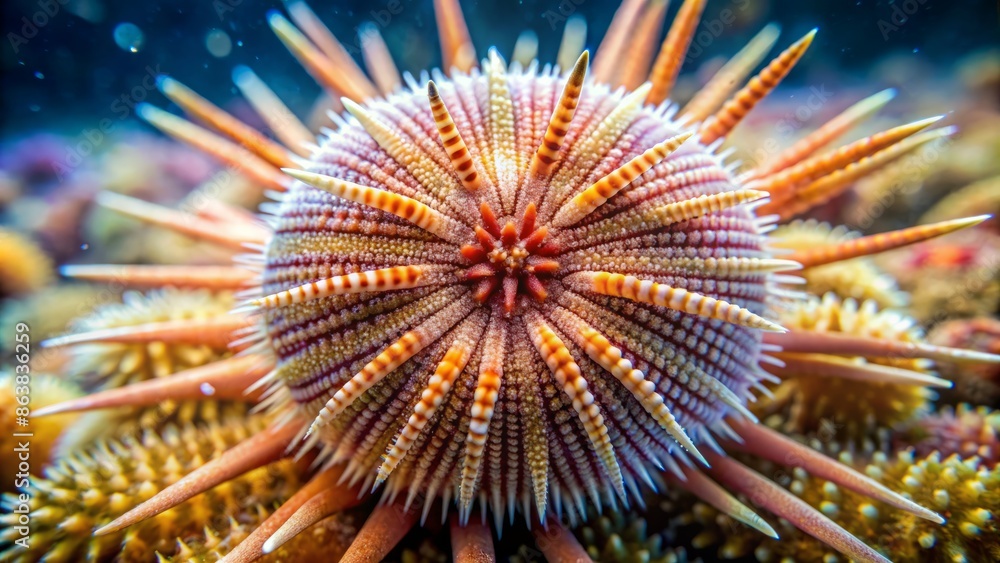 Magnified young sea urchin Echinoidea exhibits intricate oral side ...