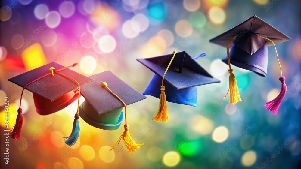 Colorful graduation caps suspended in mid-air, surrounded by a blurred ...