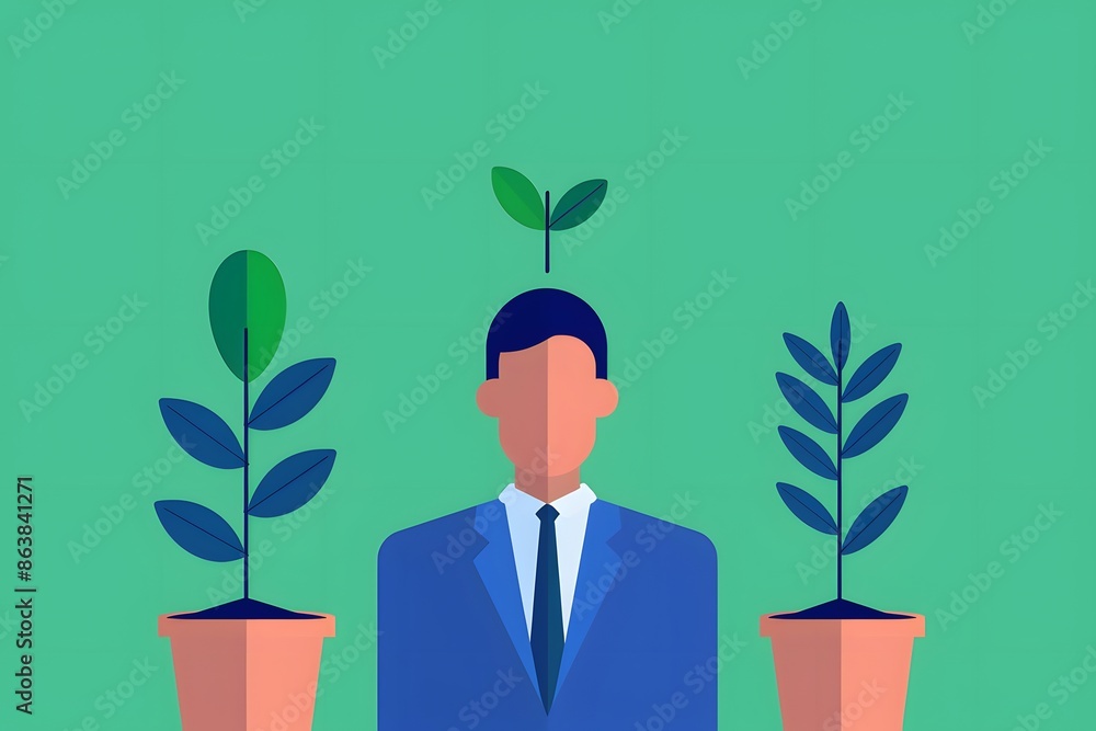 Illustration of a man in a suit with a plant sprouting from his head ...