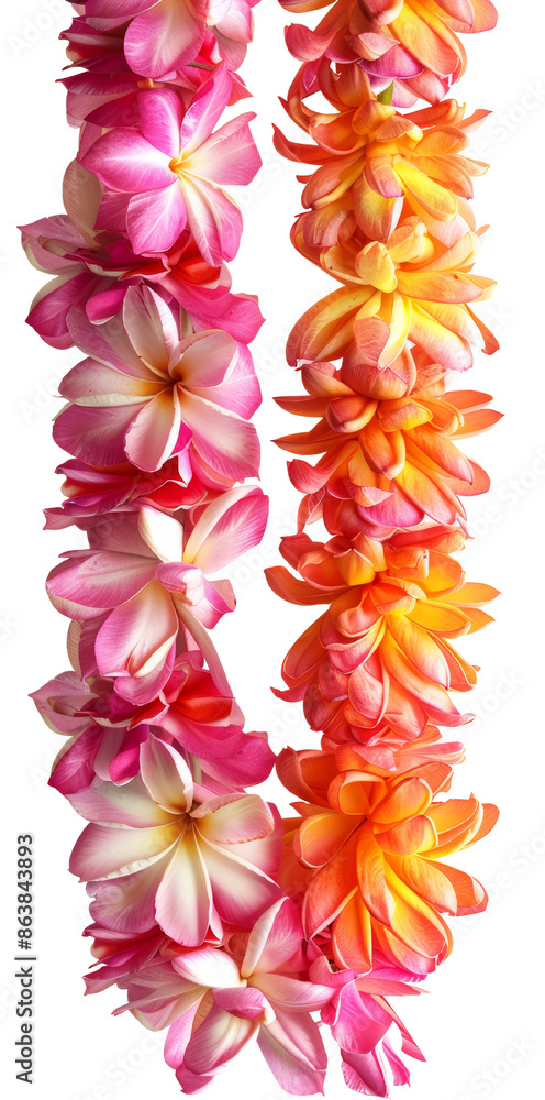 Colorful Hawaiian flower lei garlands, featuring pink and orange ...