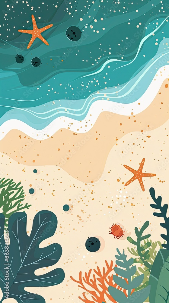 "Cartoon Style Beach Sand with Starfish and Sea Plants, Perfect for ...