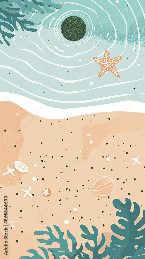 "Cartoon Style Beach Sand with Starfish and Sea Plants, Perfect for ...