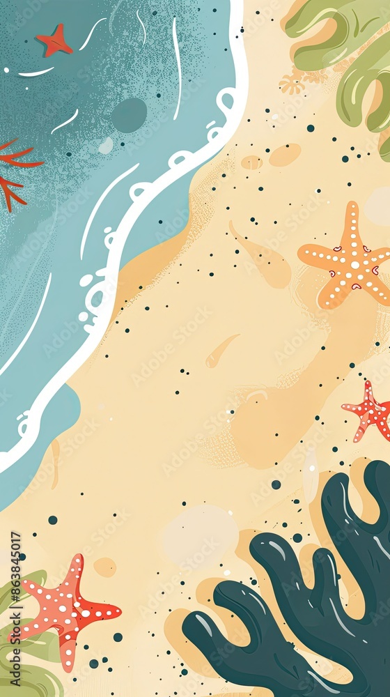 "Cartoon Style Beach Sand with Starfish and Sea Plants, Perfect for ...