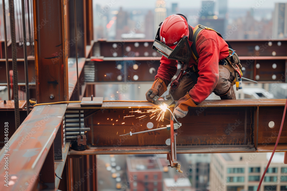 High above the ground on a partially constructed high-rise building, a ...