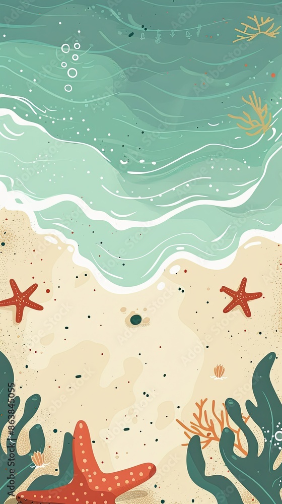 "Cartoon Style Beach Sand with Starfish and Sea Plants, Perfect for ...