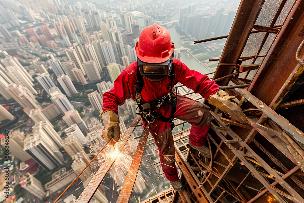High above the ground on a partially constructed high-rise building, a ...
