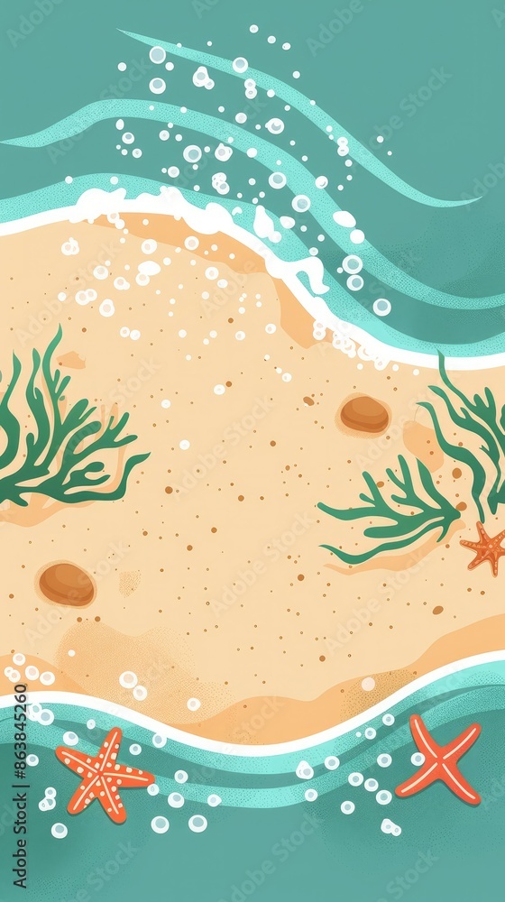 "Cartoon Style Beach Sand with Starfish and Sea Plants, Perfect for ...