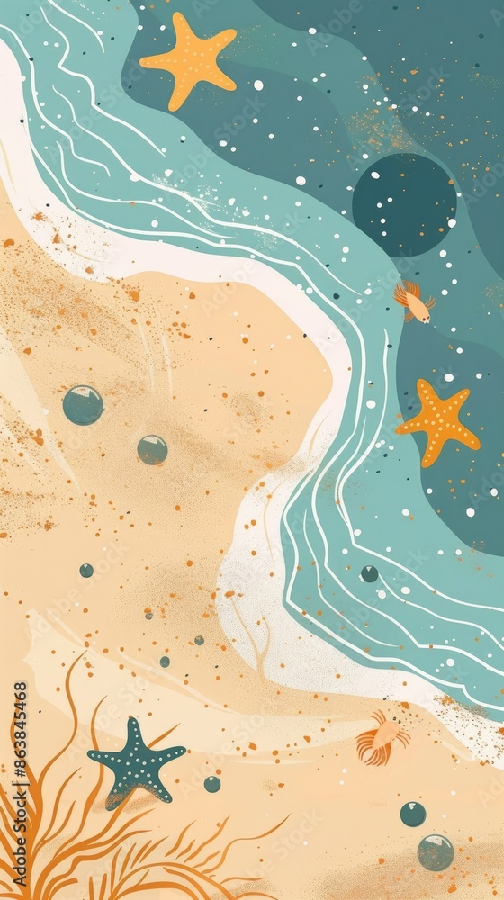 "Cartoon Style Beach Sand with Starfish and Sea Plants, Perfect for ...