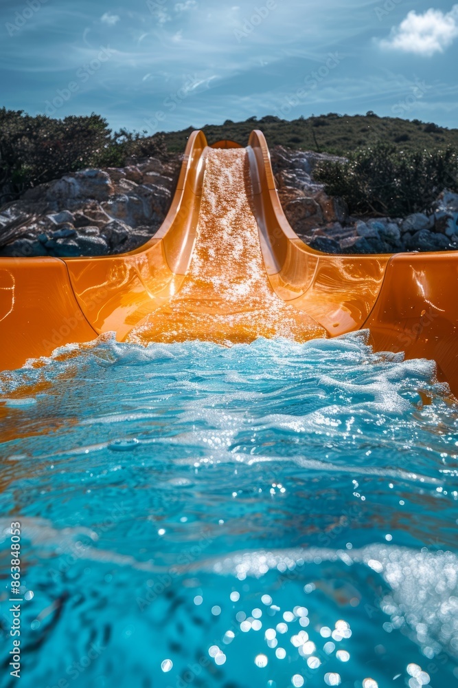 An eye-catching banner of an orange water slide ending in a bright blue ...