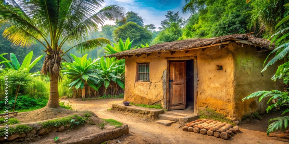 Rural scene of a traditional Bangladeshi village home with a mud-made ...