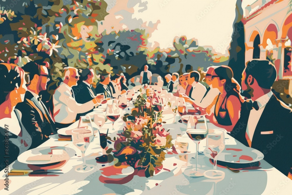 A group of people are sitting at a long table with wine glasses and ...