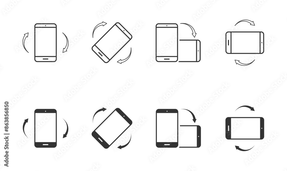Rotate phone icon set. Mobile screen horizontal or vertical rotation ...