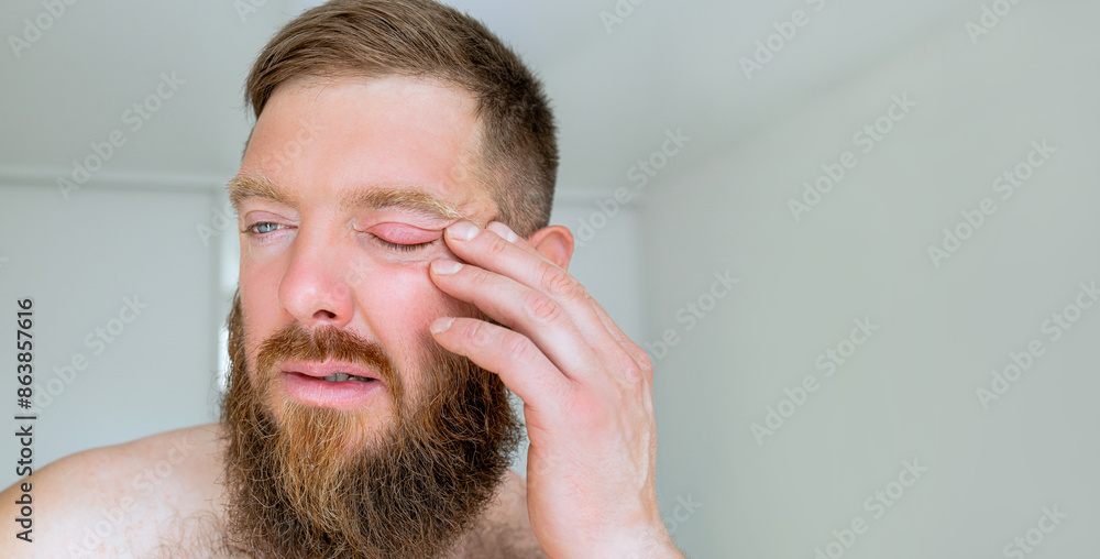 Male patient's infected eye. The blue-eyed bearded man staring at the ...