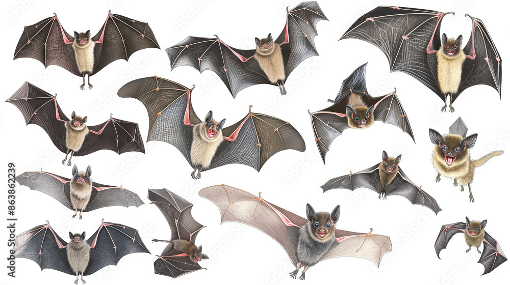 An illustration depicting various species of bats with labels and ...