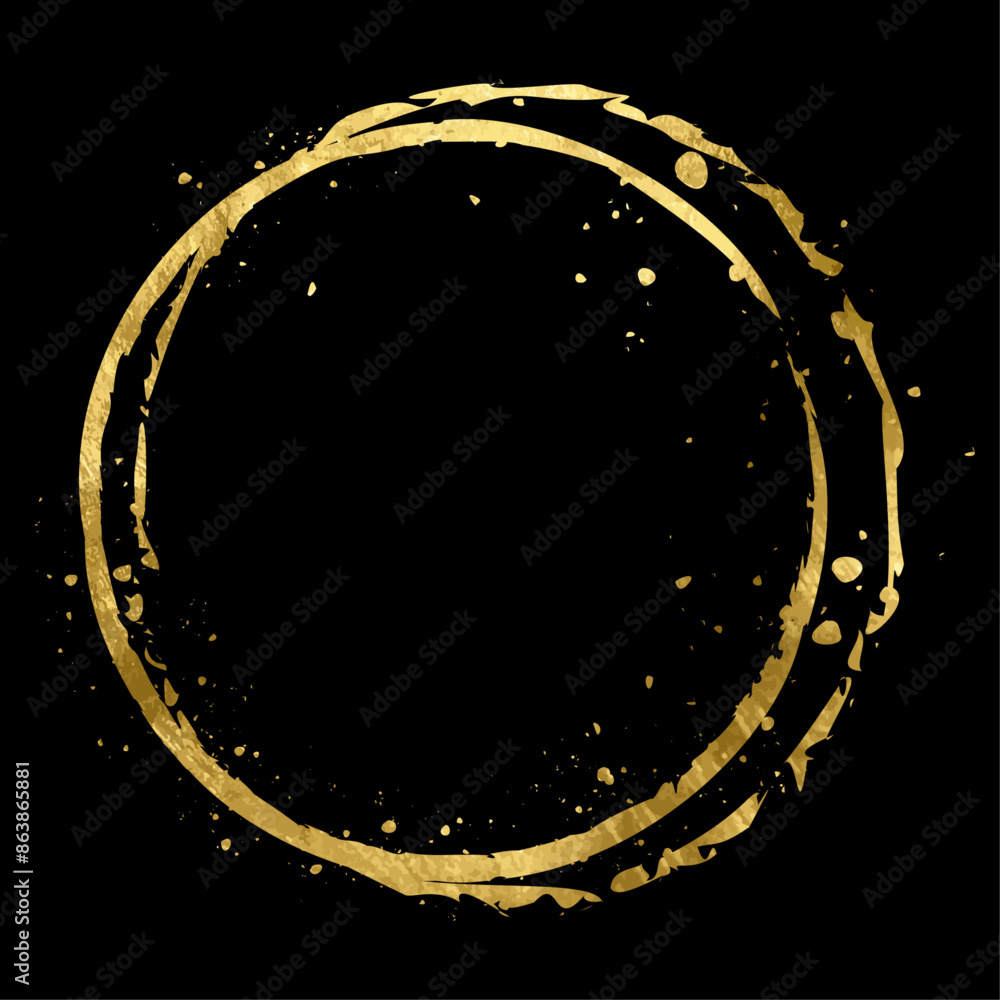 Gold brush stroke. Sparkling golden ring frame made on brush stroke ...