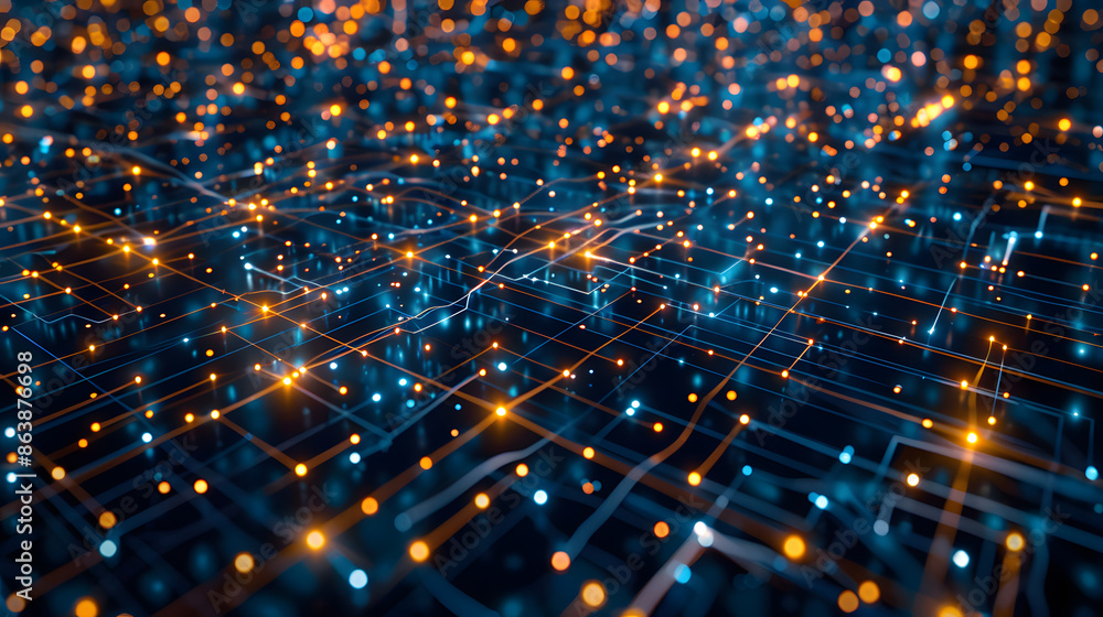 The image is a glowing network of orange and blue dots and lines on a ...