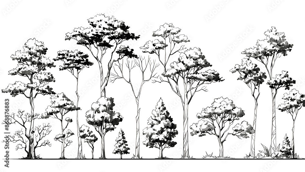 Minimal style cad tree line drawing, Side view, set of graphics trees ...