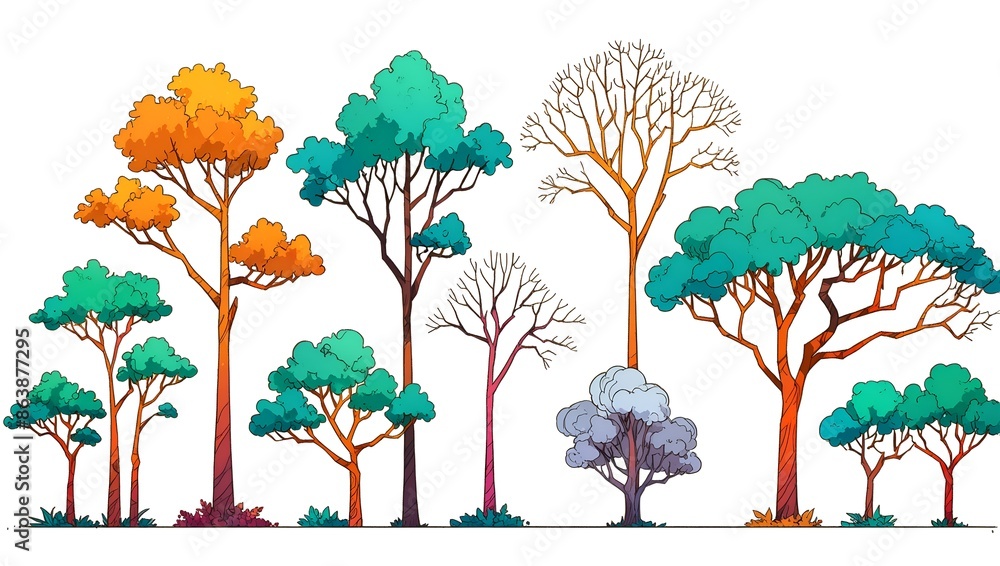 Minimal style cad tree line drawing, Side view, set of graphics trees ...