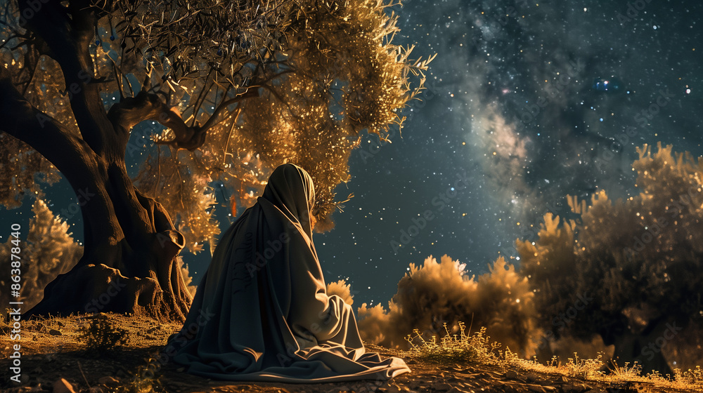 Jesus Christ praying at the Garden of Gethsemane, surrounded by serene ...