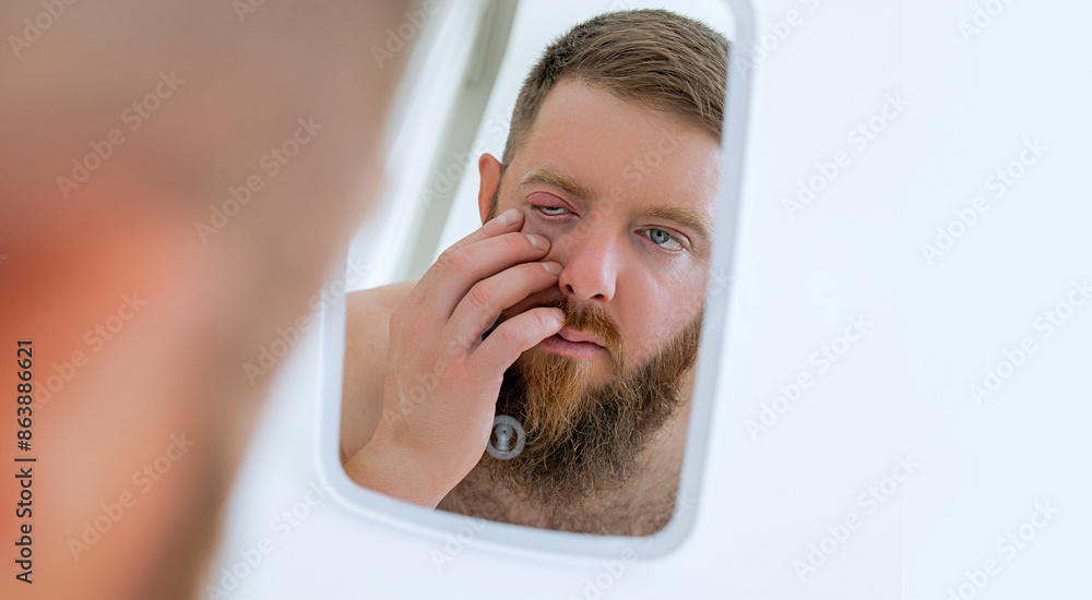 Male patient's infected eye. The blue-eyed bearded man staring at the ...