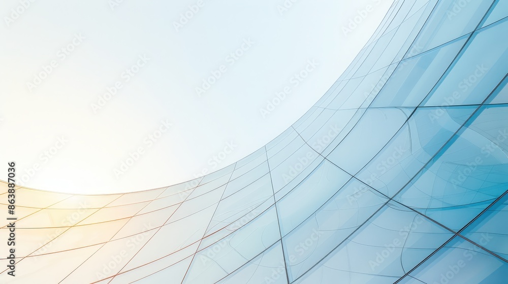 skyscraper of an office building with curved glass windows, low-angle ...