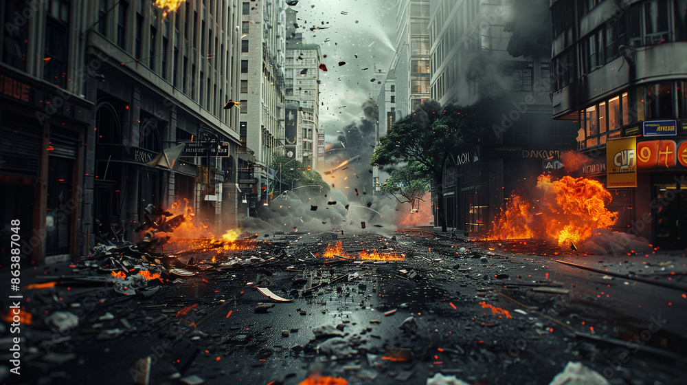 The sight of a city street flooded with fire and destruction, perfectly ...