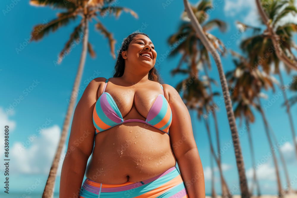Happy curvy plus size model in bikini on the beach, fat busty chubby ...