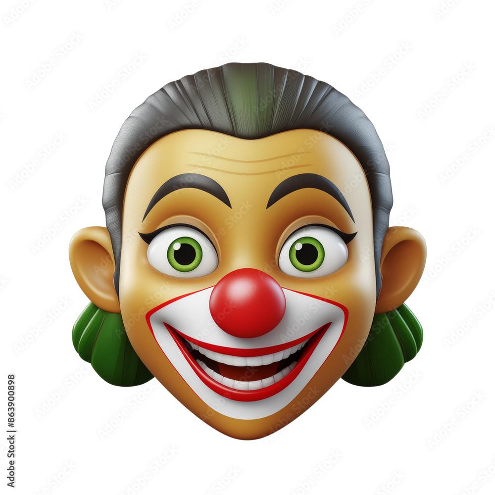 Smiling 3D cartoon clown face with big eyes and a red nose on a ...