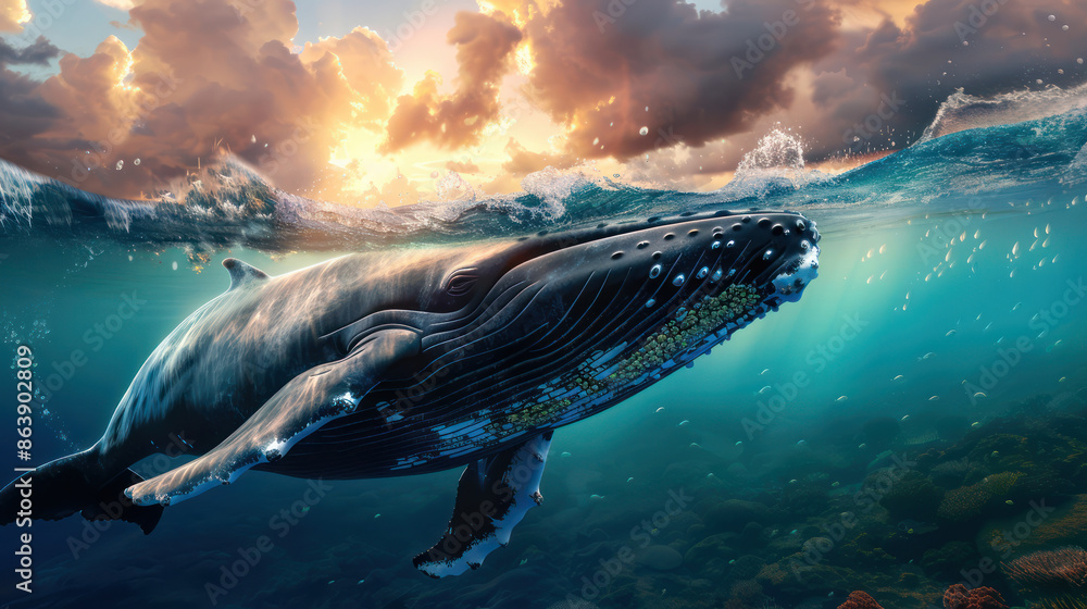 Majestic Whale Swimming in Deep Blue Ocean Serene Marine Scene Captured ...