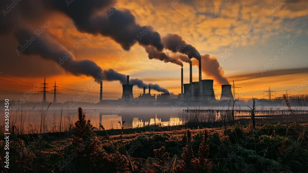 Industrial landscape with factory chimneys and smoke at sunset ...
