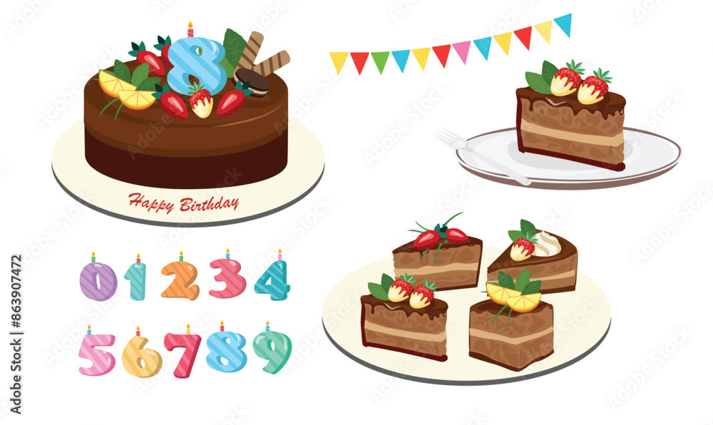Birthday cake vector set. Slice of cake vector. Chocolate flavor. Sweet ...