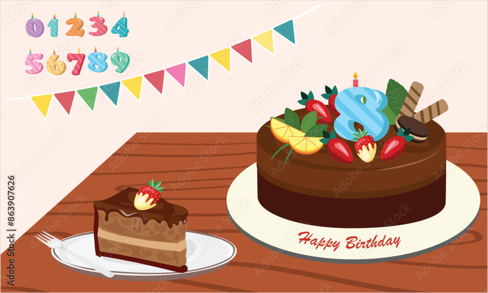 Birthday cake vector and slice of cake vector on wood table. Chocolate ...