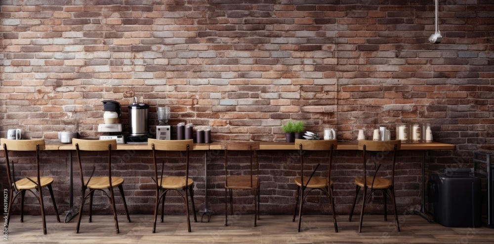 Brick Wall Cafe Interior Design with Wooden Counter and Metal Chairs ...