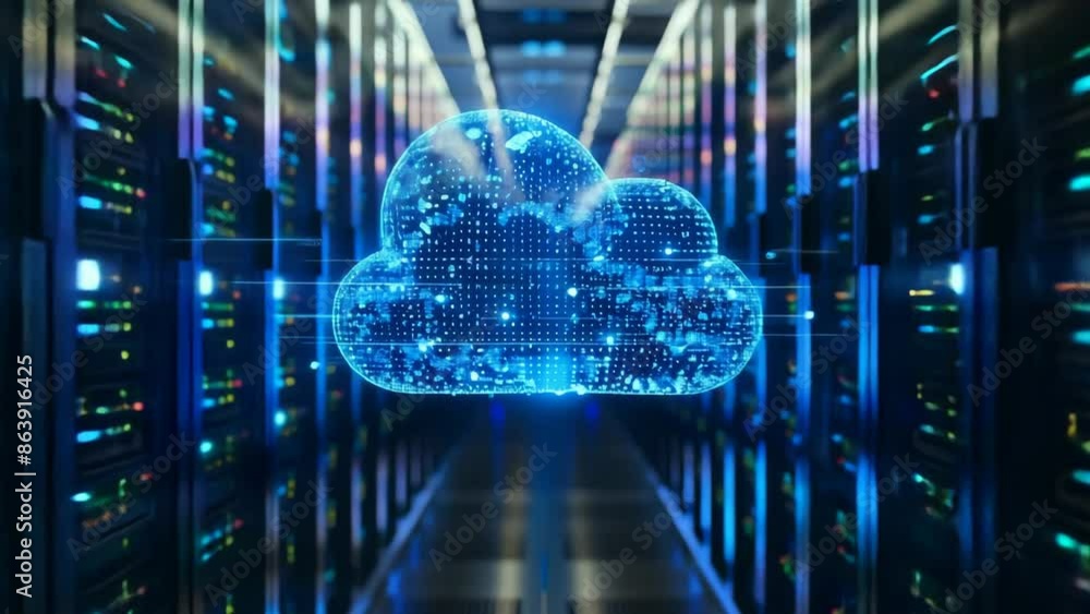 Digital cloud in a futuristic server room with neon lights ...