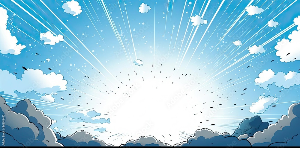 Cartoon Illustration of a Blue Sky with White Clouds and a Bright Light ...