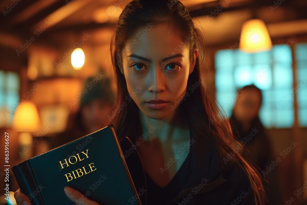 Devout Woman Holding Holy Bible Under Warm Lighting Indoors with ...