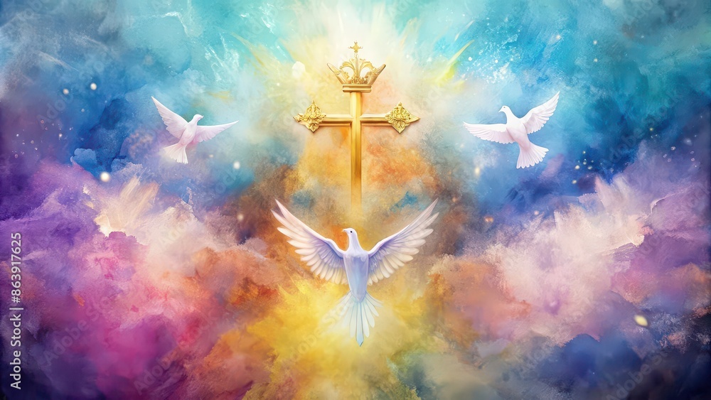 Holy Trinity symbols cross, crown and dove of Holy Spirit on watercolor ...