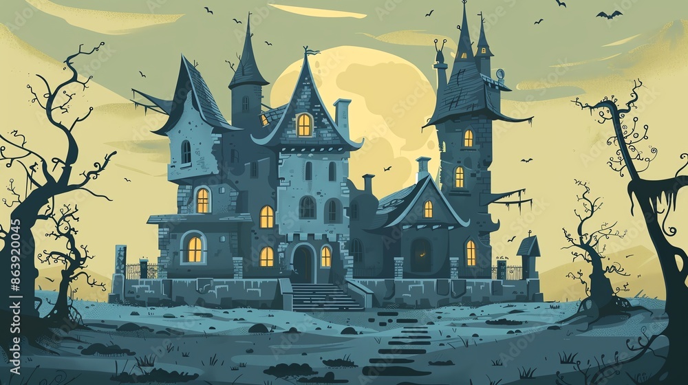 Ghost in old castle flat design front view theme medieval cartoon ...