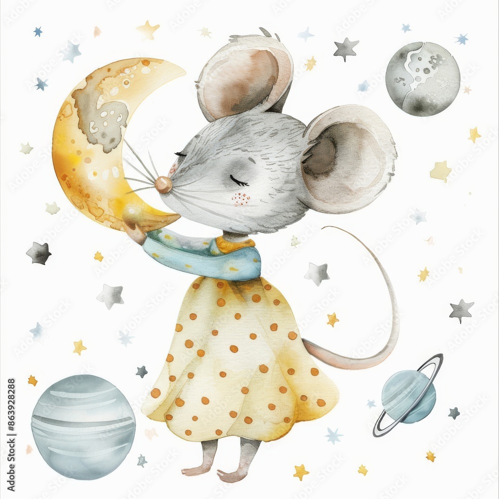 This cute mouse holds the moon and resides among the stars in a ...