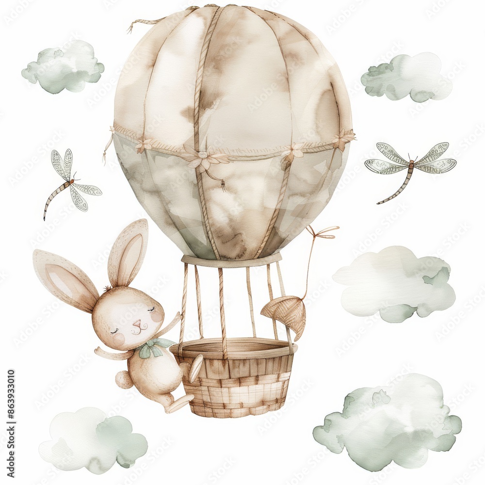 An adorable bunny flies on a balloon among clouds, stars, and ...