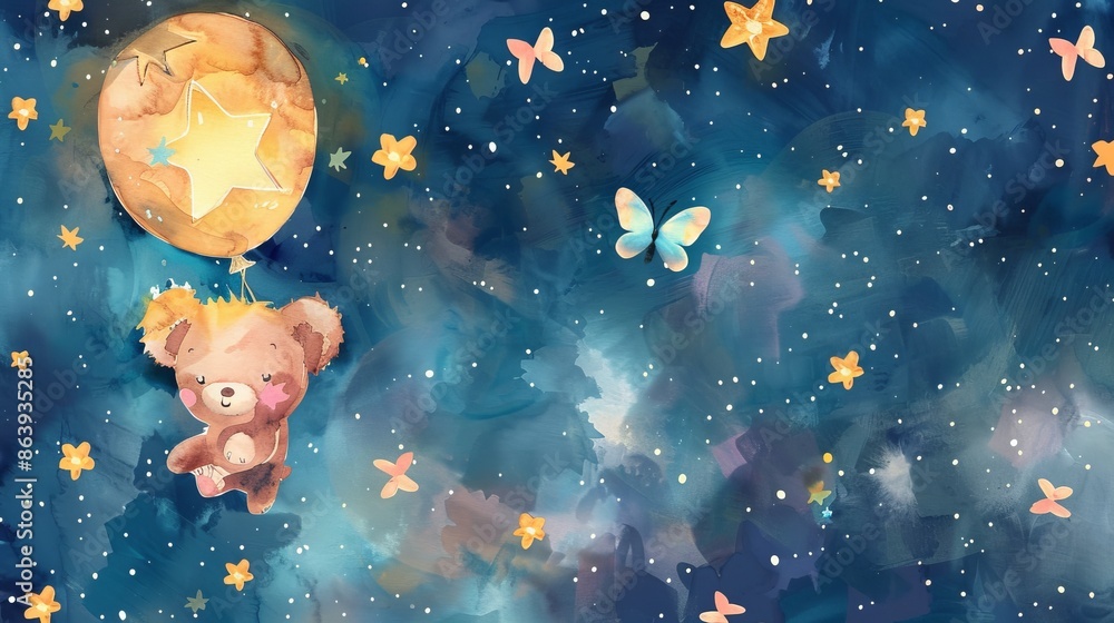 An adorable bear flies on his balloon among stars and butterflies ...