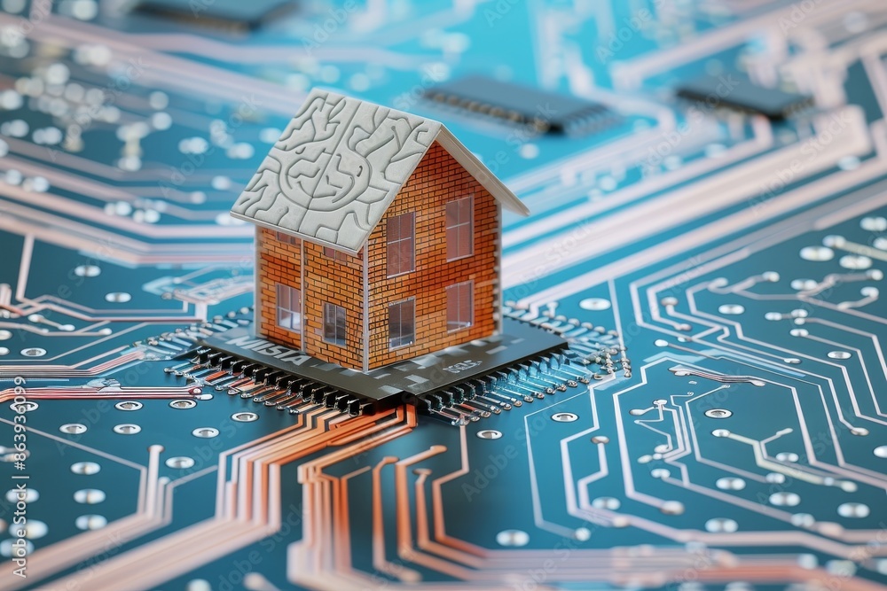 Image of a high-resolution close-up of a microchip with a brain texture ...