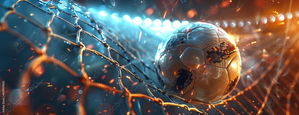 Dynamic eye-level view of a soccer ball hitting the net, net bending ...