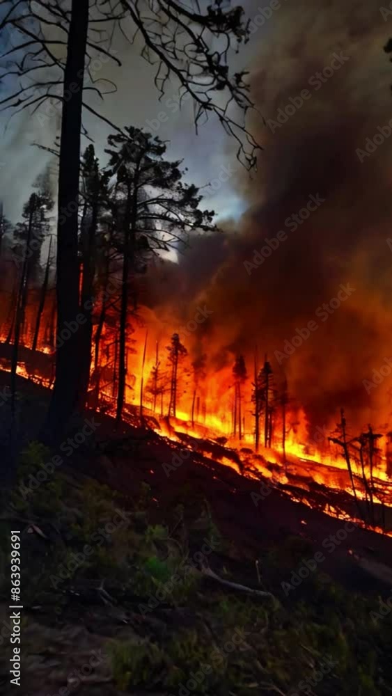 Massive forest fire, trees burning in flames in the woods, fire and ...