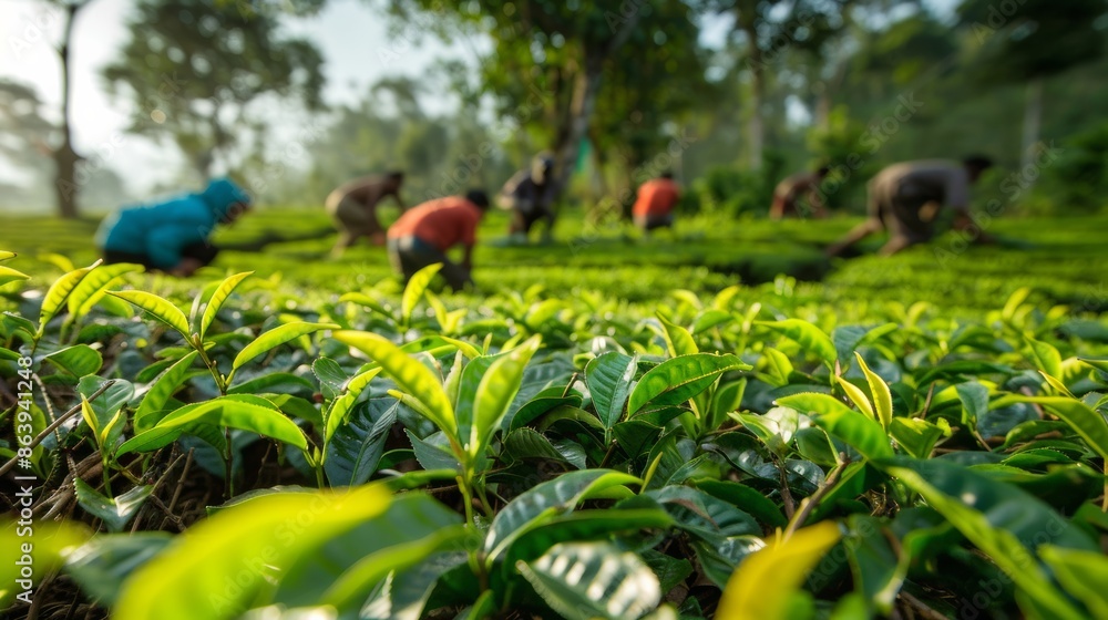 Photographs of tea leaf harvesting by tribes in the tea plantation ...