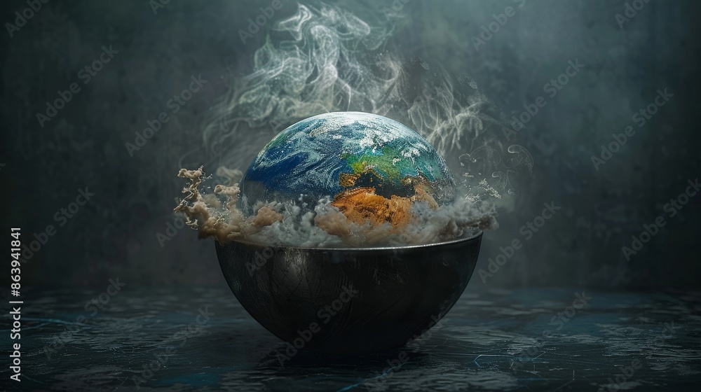 The image shows a bowl of steaming soup with the earth inside it. The ...