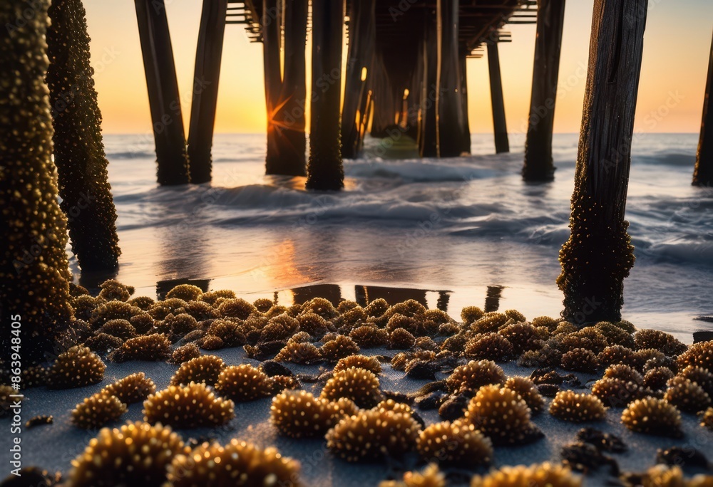 weathered pier covered barnacles nature texture background, beach ...